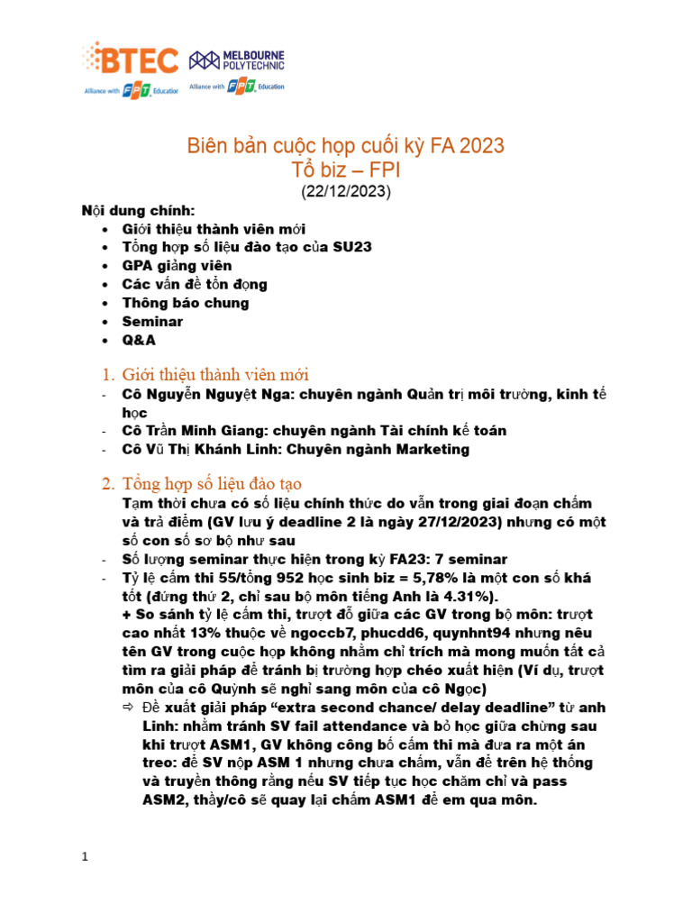 Biên bản cuộc họp cuối kỳ FA2023 | PDF