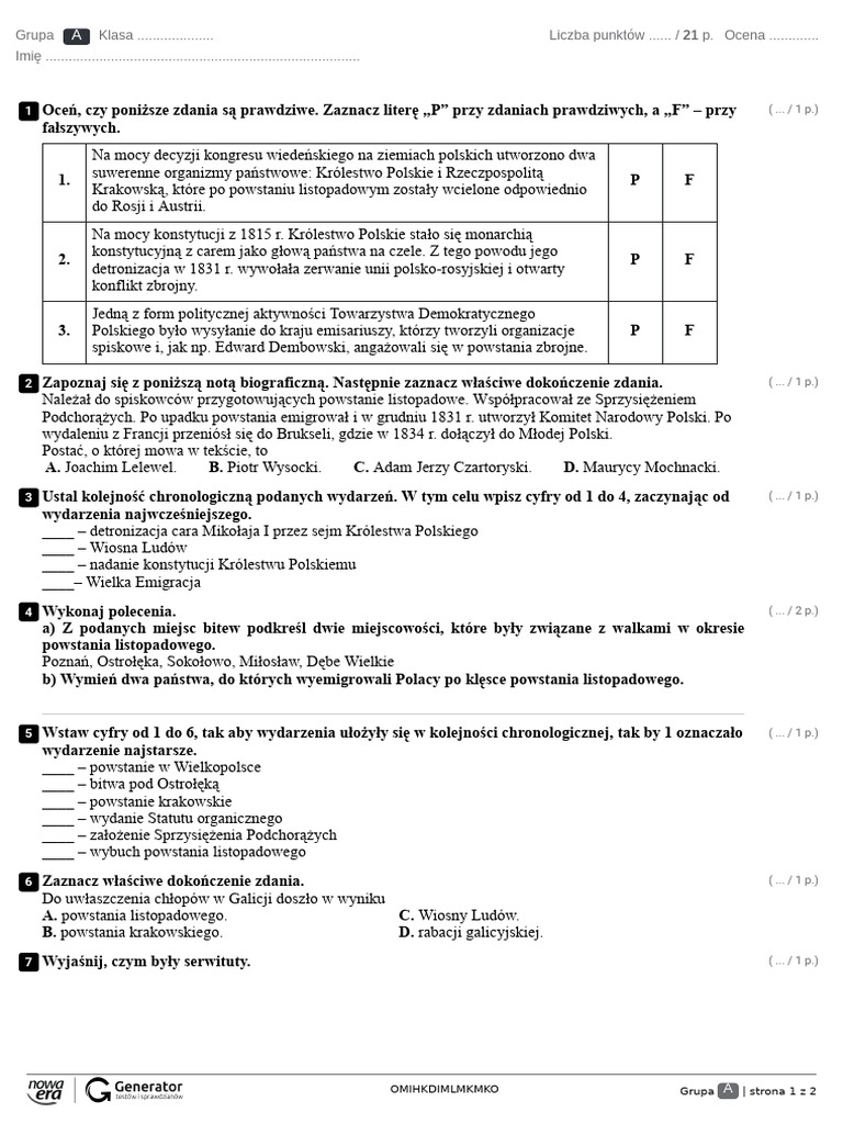 Ziemie Polskie Po Kongresie Wiedeńskim Test (Z Widoczną Punktacją) | PDF Ziemie Polskie Po Kongresie Wiedeńskim Test (Z Widoczną Punktacją) | PDF
