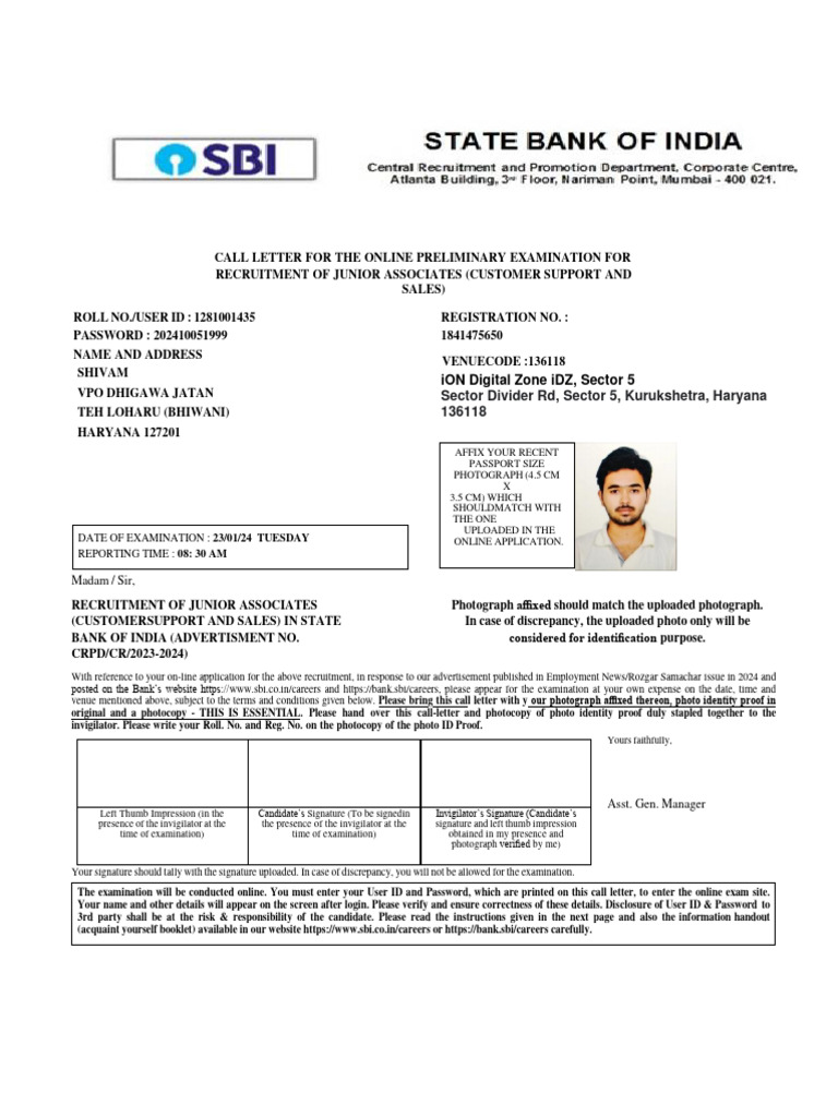 Sbi Admit Card 1 PDF | PDF | Identity Document