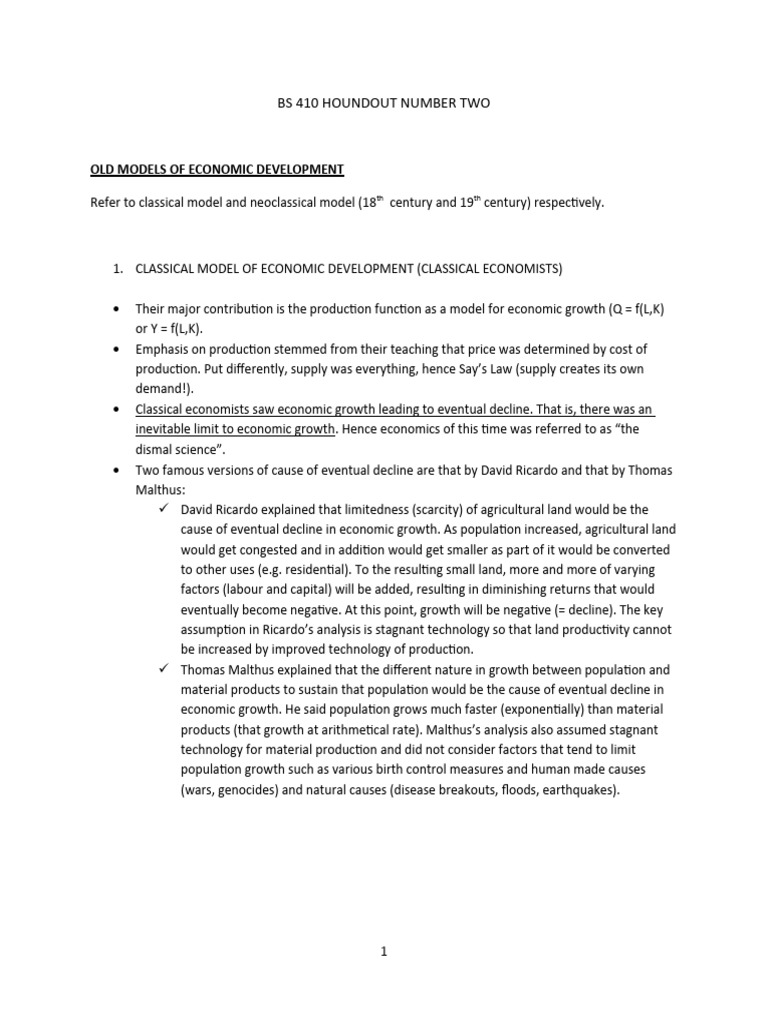 BS 410 Economic Development, Handout Number Two | PDF