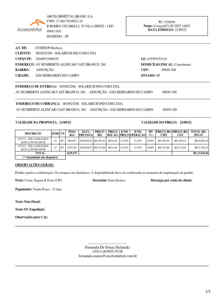 Proposta de Venda: Telas Soldadas Q138 e Q196 | PDF | Business ...