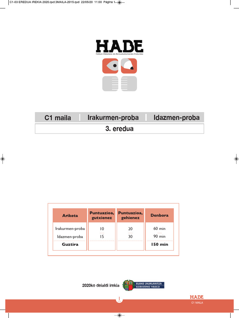 C1 Maila Irakurmen-Proba Idazmen-Proba 3. Eredua: Puntuazioa, Gutxienez Ariketa Puntuazioa ...