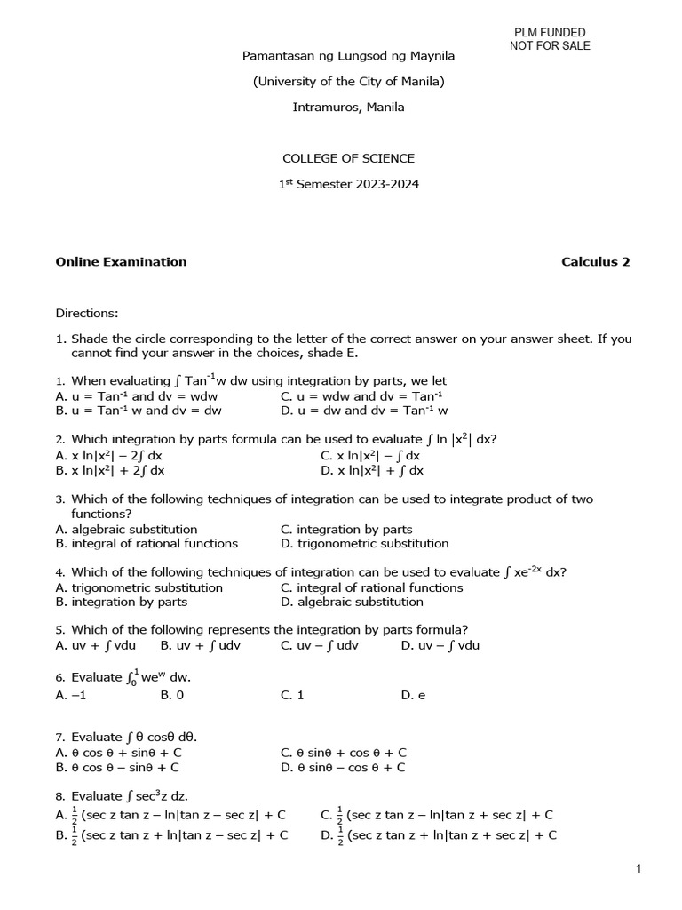 Online Examination Calculus II | PDF | Mathematical Relations ...