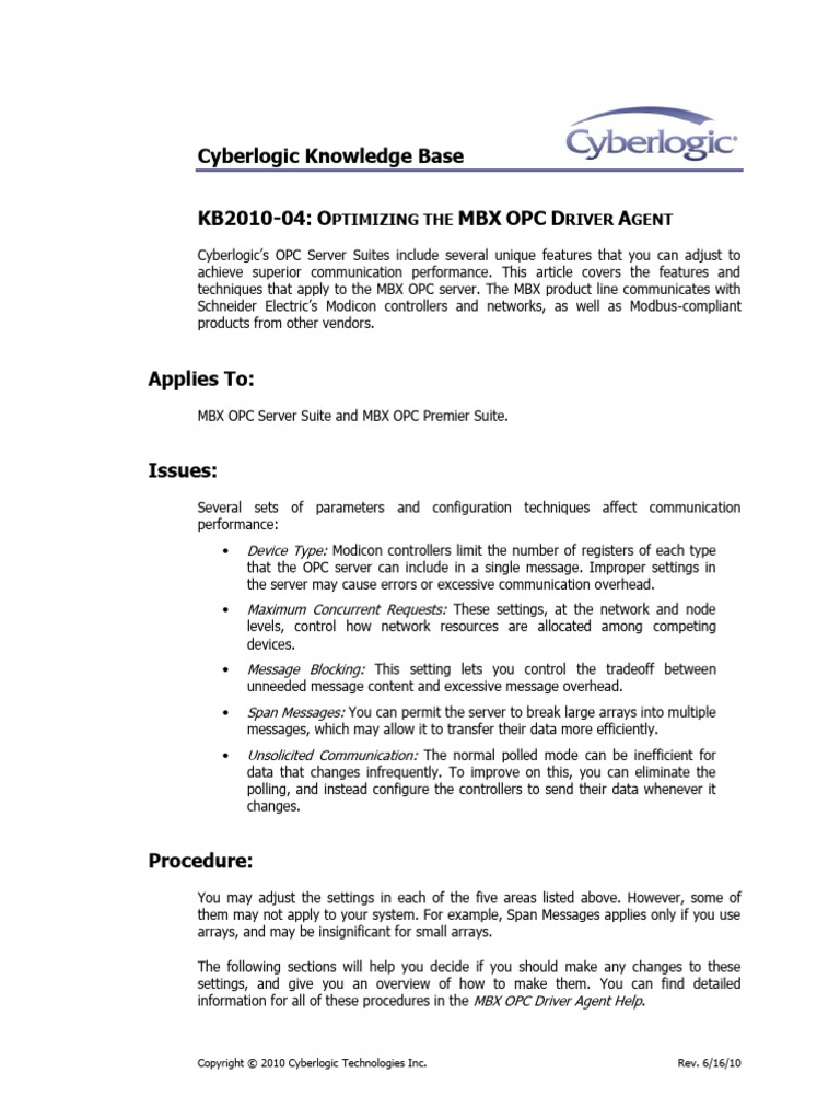 Kb2010 04 Optimizing The Mbx Opc Driver Agent Pdf Computer Network