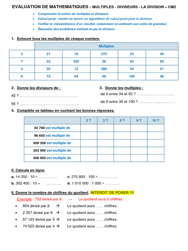 Évaluation CM2 : Multiples et Diviseurs | PDF | Échecs | Théorie (échecs)