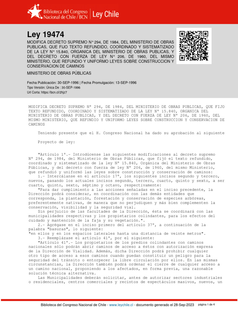Ley Construccion y Conservacion de Caminos Ley-19474 - 30-SEP-1996 | PDF