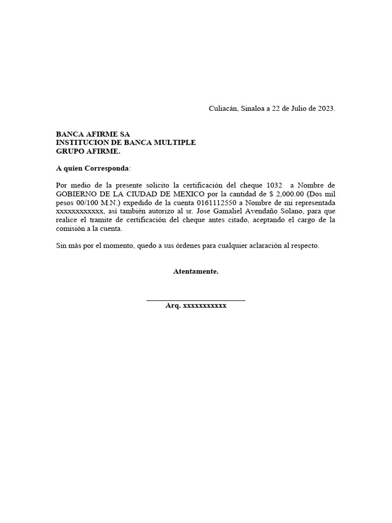 Carta Certificar Cheques 2018 | PDF