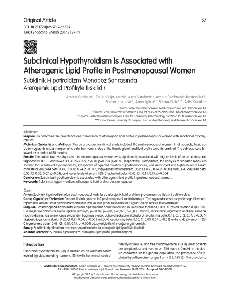 Turkish Journal Subclinical Hypothyroidism | PDF | High Density ...