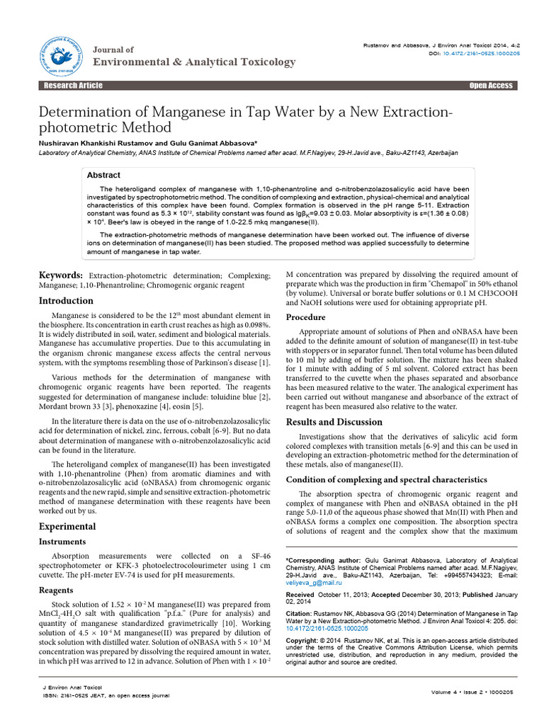 Determination of Manganese in Tap Water by A New Extractionphotometric ...
