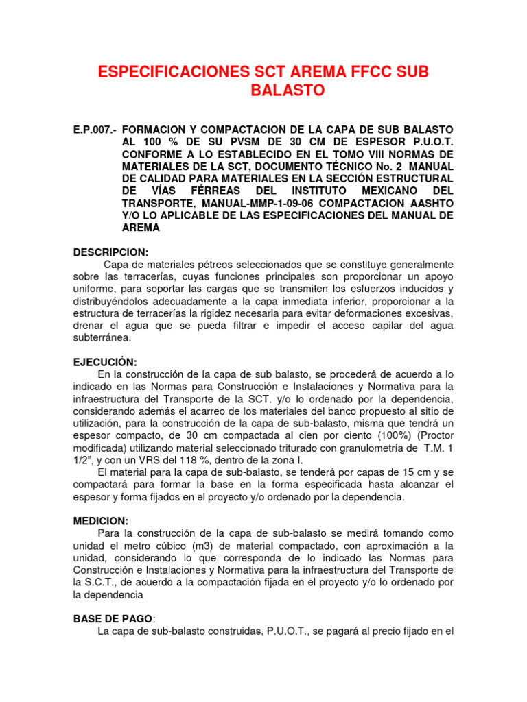 Especificaciones SCT Arema FFCC Sub Balasto | PDF