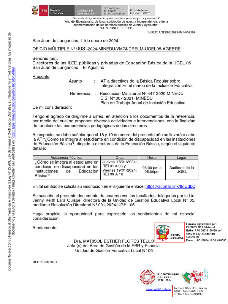 OFICIO MULTIPLE 003, Exp. 02584, SOBRE INTEGRACION INLUSIÓN EDUCATIVA (R) | PDF