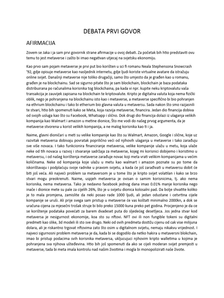 Debata Prvi Govor | PDF