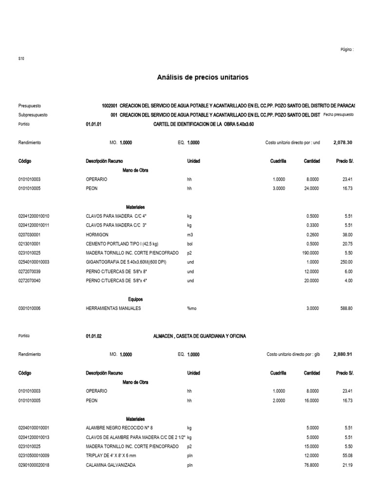 Análisis de Precios Unitarios: Página | PDF | Hormigón | Material compuesto