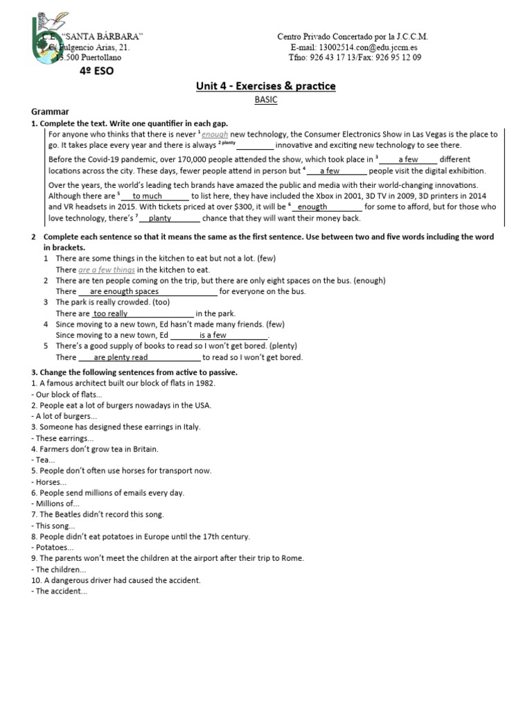 Unit 4 Exercises 4ESO | PDF Unit 4 Exercises 4ESO | PDF