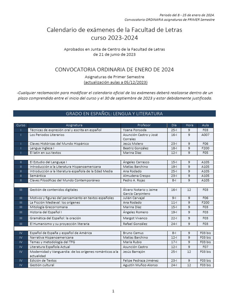 Examenes Primer Semestre Curso 2023-2024 - Convocatoria Ordinaria Enero 2023 | PDF