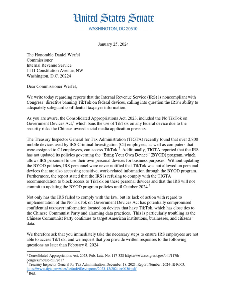 Letter To Daniel Werfel Commissioner, Internal Revenue Service | PDF ...