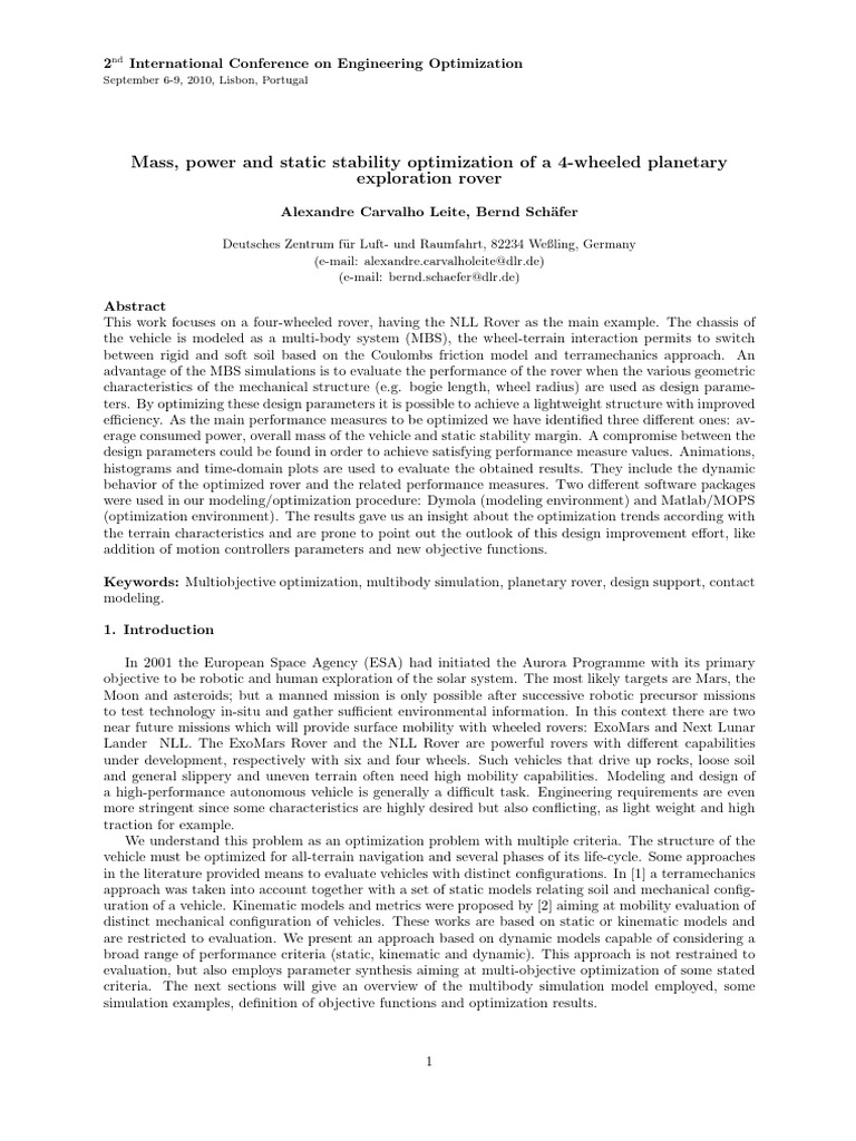 Mass, Power, Static Stability Optimization of A 4-Wheeled Planetary Exploration Rover | PDF