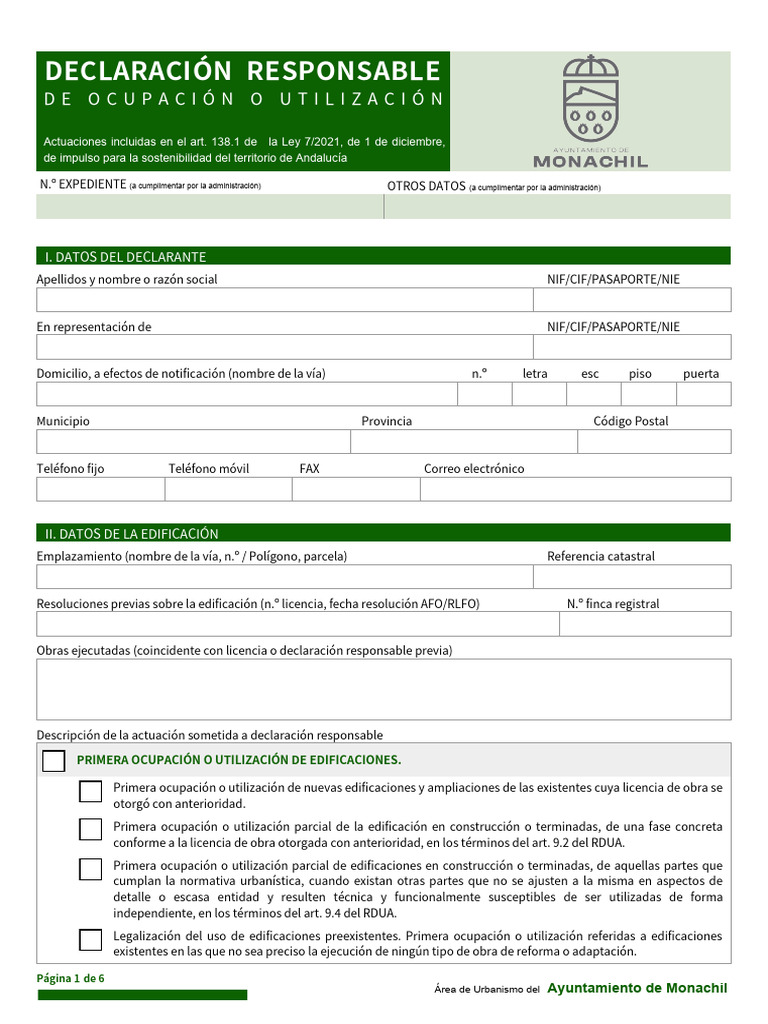 Modelo - O.3 - Declaración Responsable Ocupación, Utilización o Cambio de Uso de Inmuebles | PDF ...