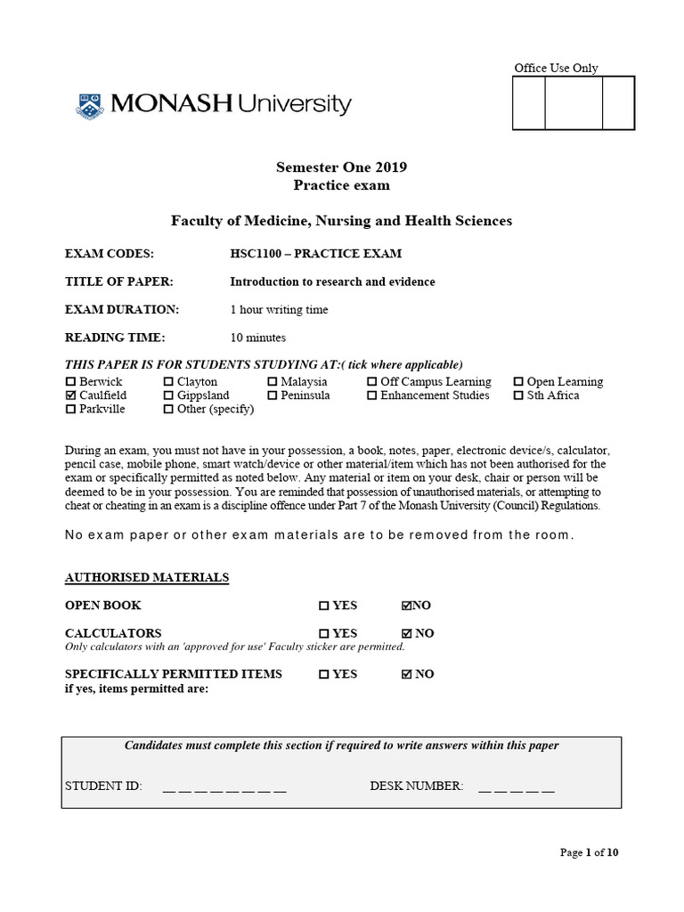 HSC1100 - Practice - Exam - Answers | PDF | Multiple Choice | Sampling (Statistics)