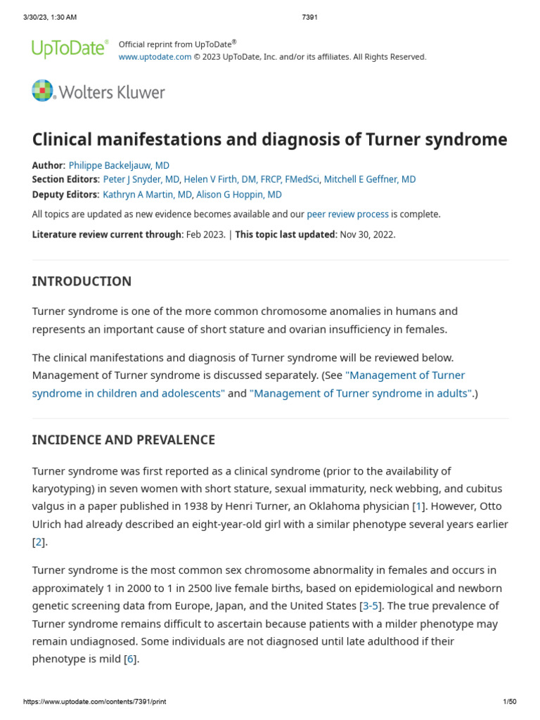 Clinical Manifestations and Diagnosis of Turner Syndrome | PDF