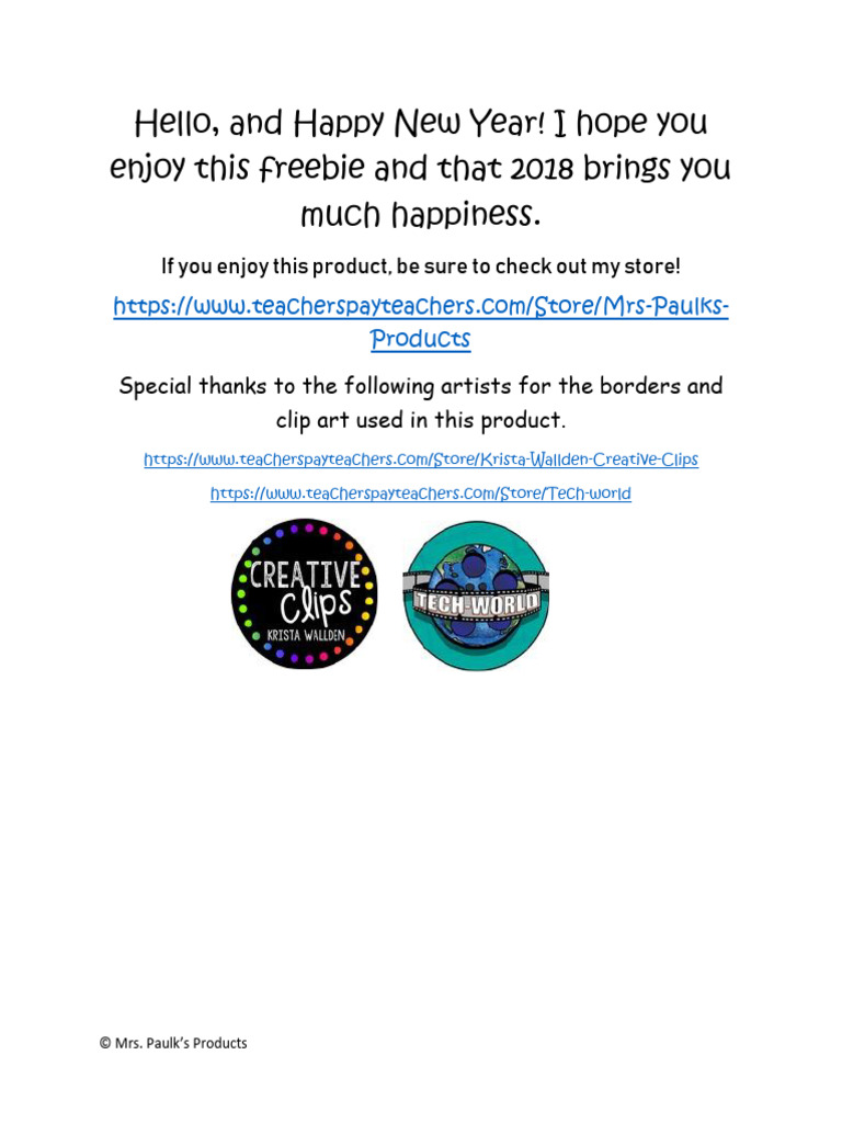 Hello, and Happy New Year! I Hope You Enjoy This Freebie and That 2018 ...
