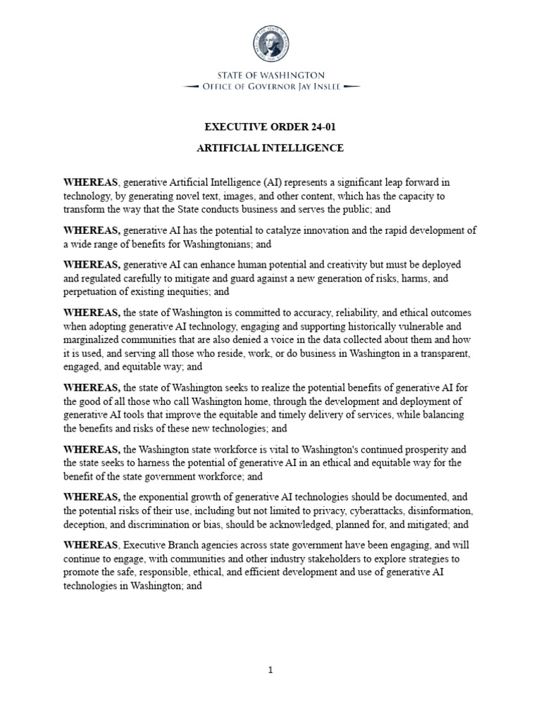 Washington Governor Signs Executive Order On Generative AI | PDF ...