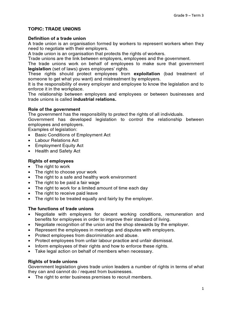 Topic 3 Term 3 2020 Grade 9 Trade Unions | PDF