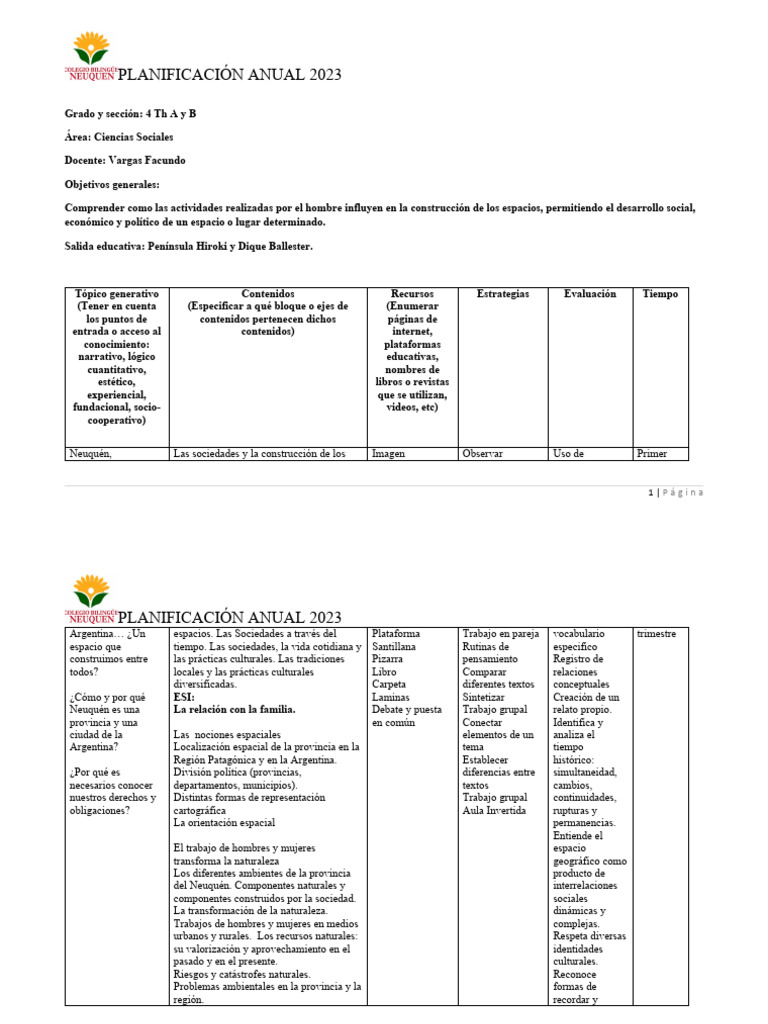 Plan Ciencias Sociales - Cuarto - 2023 | PDF | Sociedad | Hora