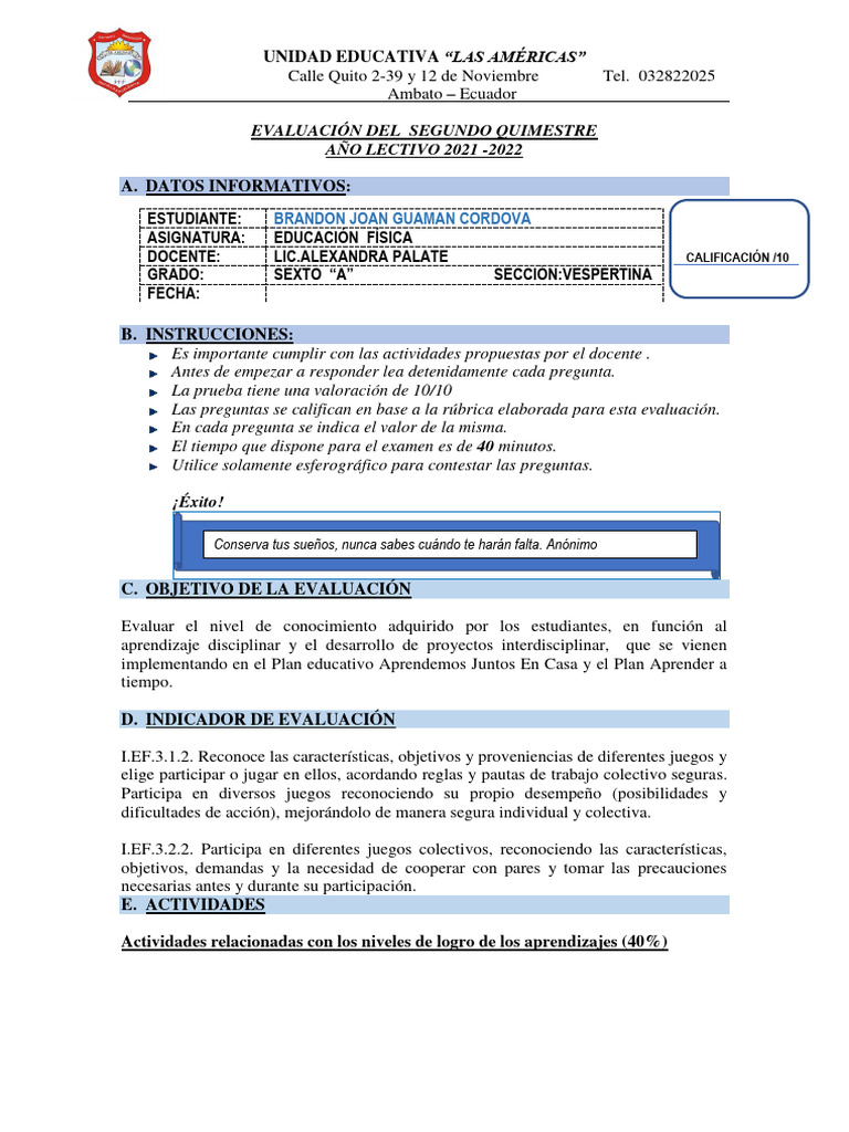 Educacion Fisica Brandon Guaman | PDF | Evaluación | Cognición