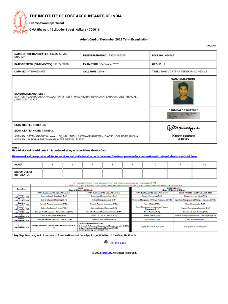 December 2023 CMA Admit Card Details | PDF | Government | Justice