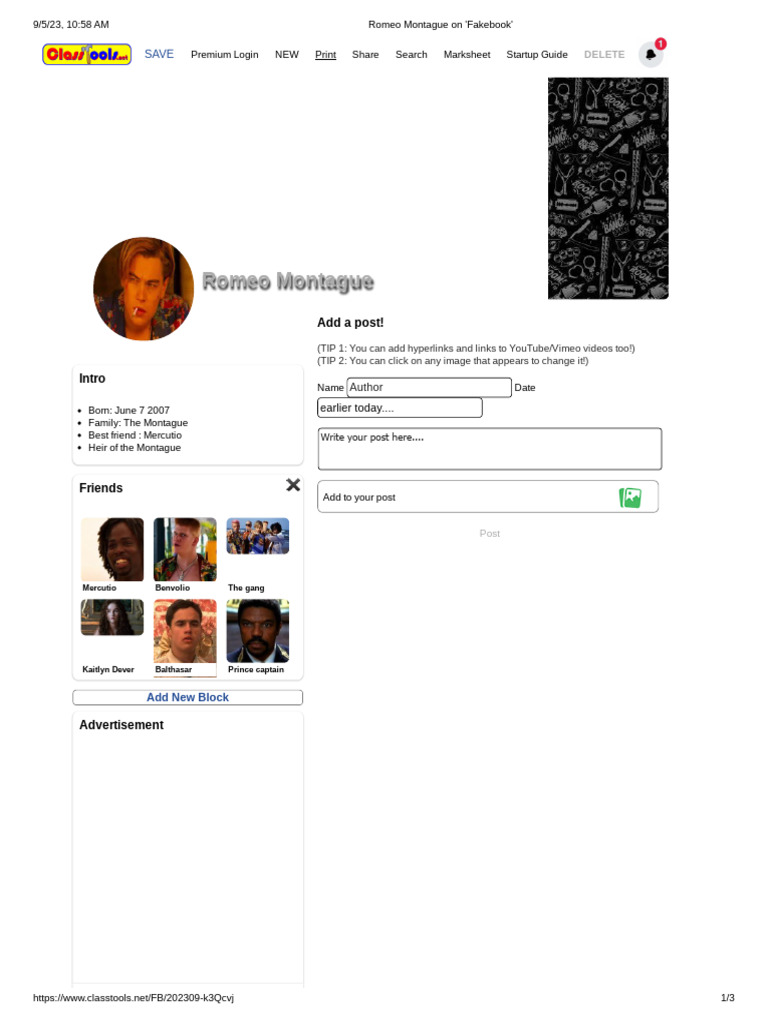 Romeo Montague On 'Fakebook' | PDF | Characters In Romeo And Juliet | Romeo And Juliet