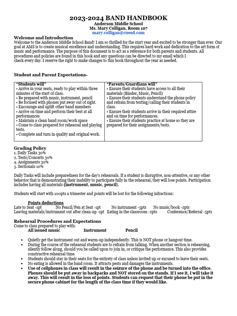 2023-2024 Band Handbook | PDF | Clothing
