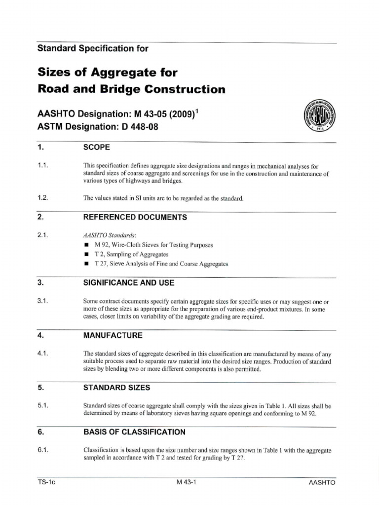 AASHTO M-43 (Año 2009) | PDF
