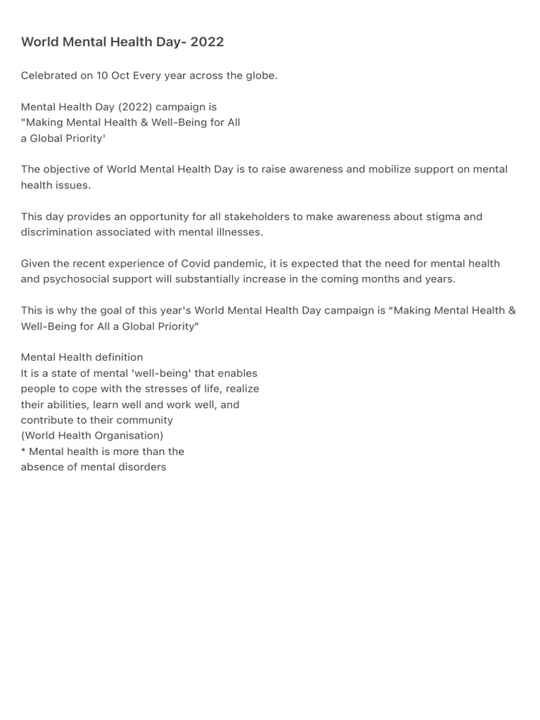 World Mental Health Day - 2022 | PDF | Mental Health | Mental Disorder