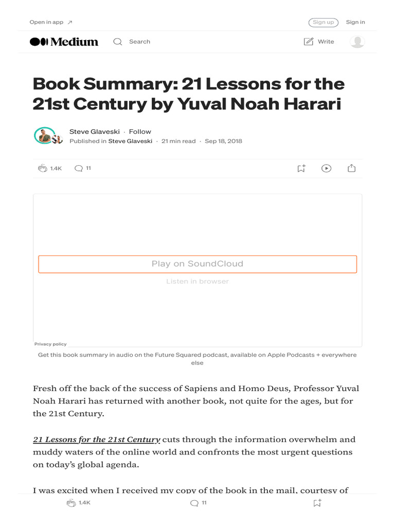 Book Summary - 21 Lessons For The 21st Century by Yuval Noah Harari - by Steve Glaveski - Steve ...