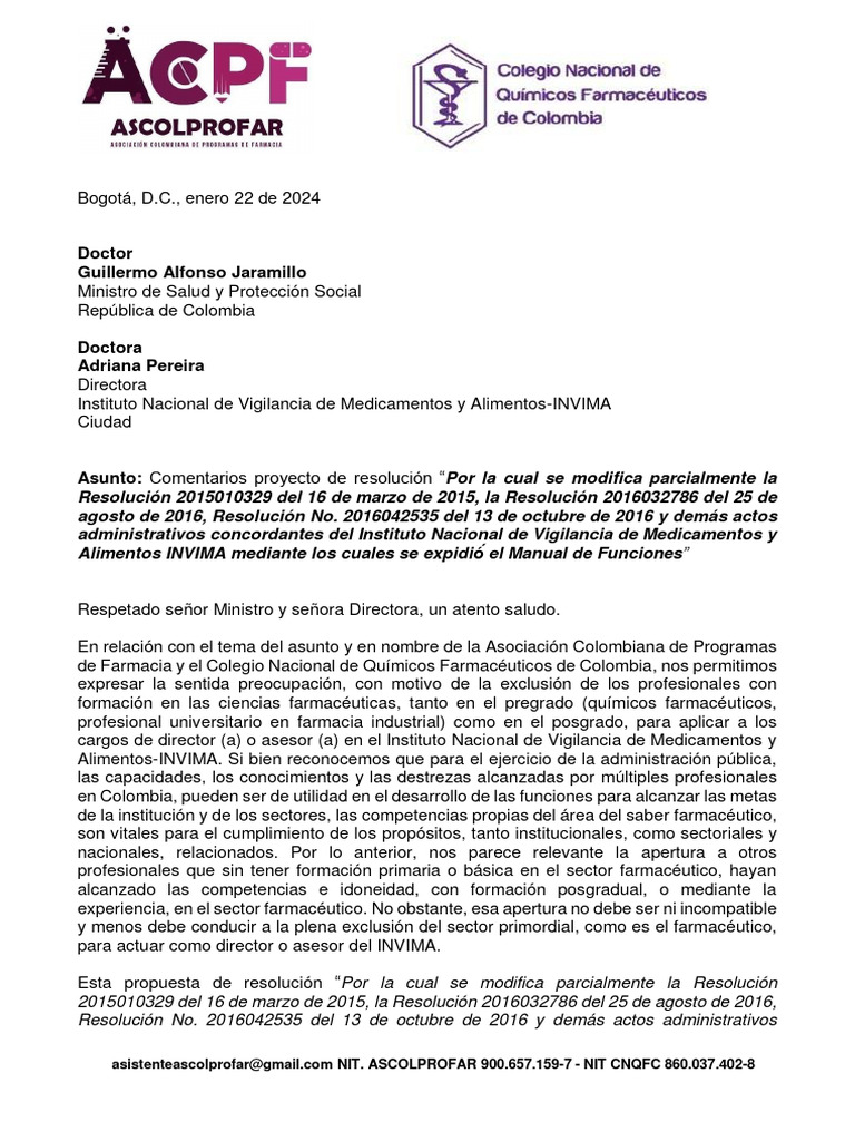Carta Invima Ascolprofar - CNQFC 20240122 | PDF | Farmacia | Farmacéutico