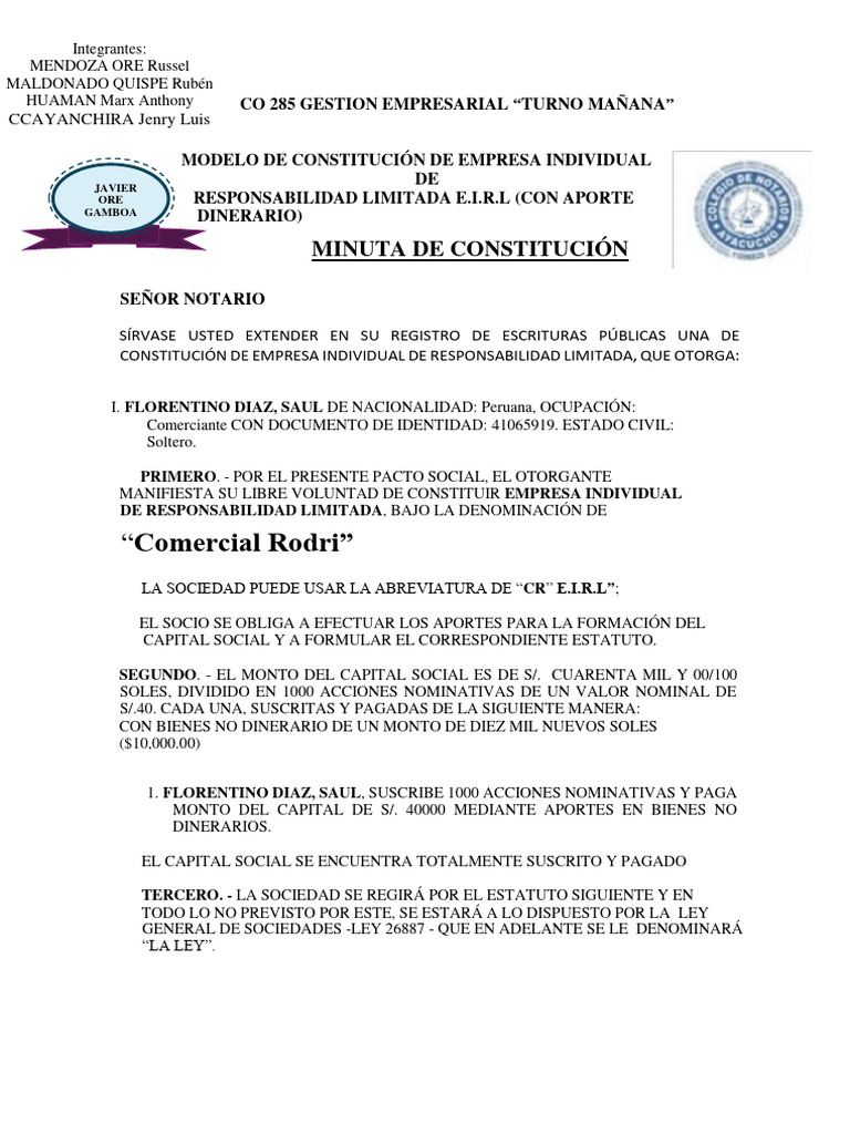 Minuta Eirl | PDF | Conceptos legales | Negocios económicos