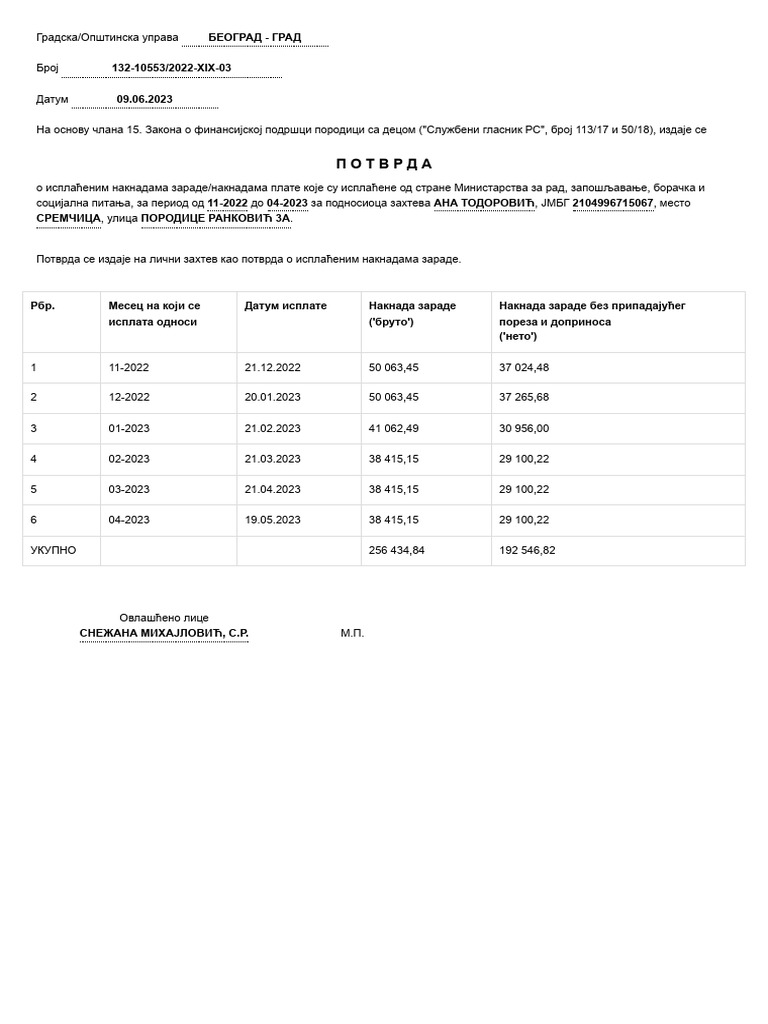 Potvrda o Isplacenim Naknadama Zarade - DDRD | PDF