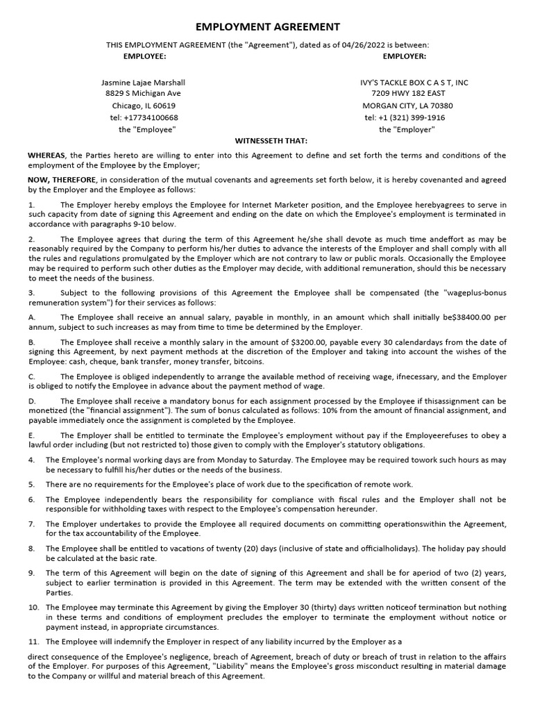 Agreement | PDF | Employment | Negligence