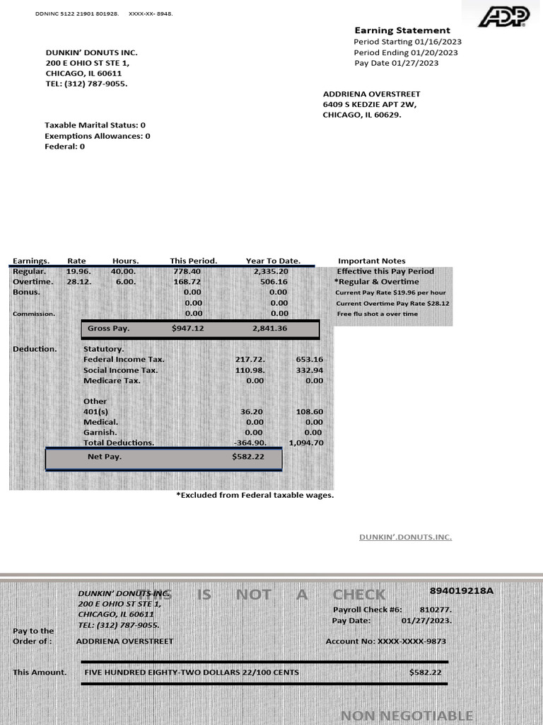 Addriena Overstreet Bi-Weekly Paystub | PDF | Payroll Tax | Income