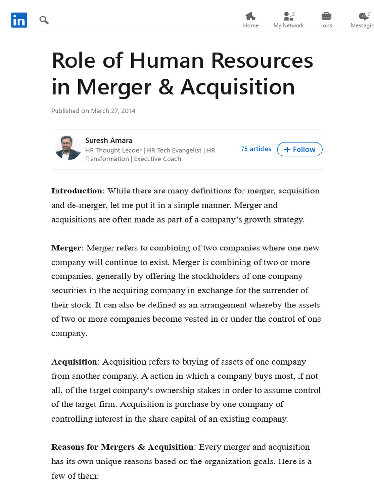 Role of Human Resources in Merger & Acquisition - LinkedIn | PDF | Mergers And Acquisitions ...