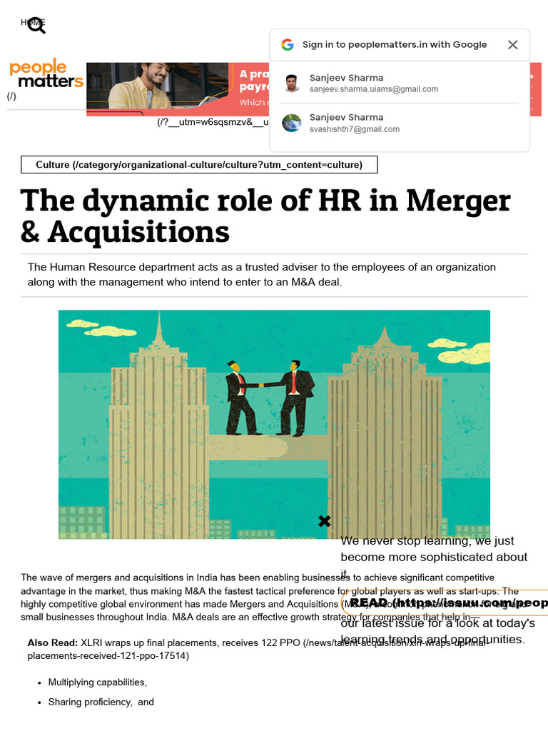 Article The Dynamic Role Of Hr In Merger Acquisitions People