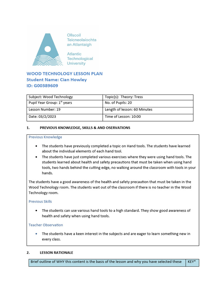 19th Lesson Plan With 1st Year Wood Technology | PDF | Teachers ...