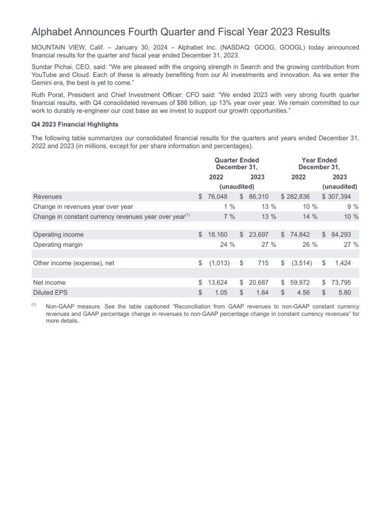 Alphabet Reports Fouth Quarter Results | PDF | Equity (Finance) | Investing