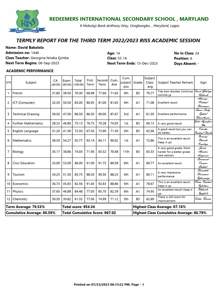 SS1 Termly Report 2022/2023 | PDF