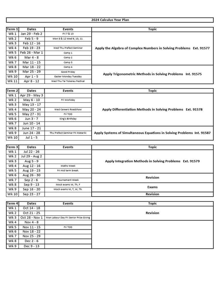 2024 Y13 Calc Calendar | PDF | Equations | Algebra