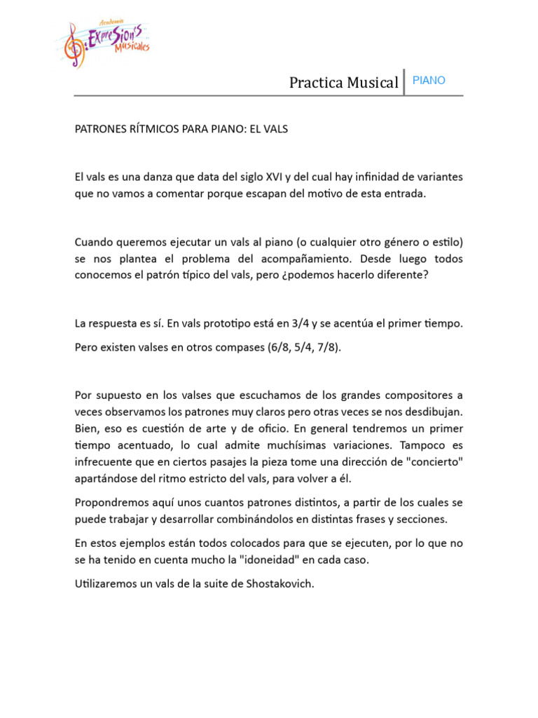 Patrones Rítmicos para Piano Vals | Descargar gratis PDF | Valses | Piano