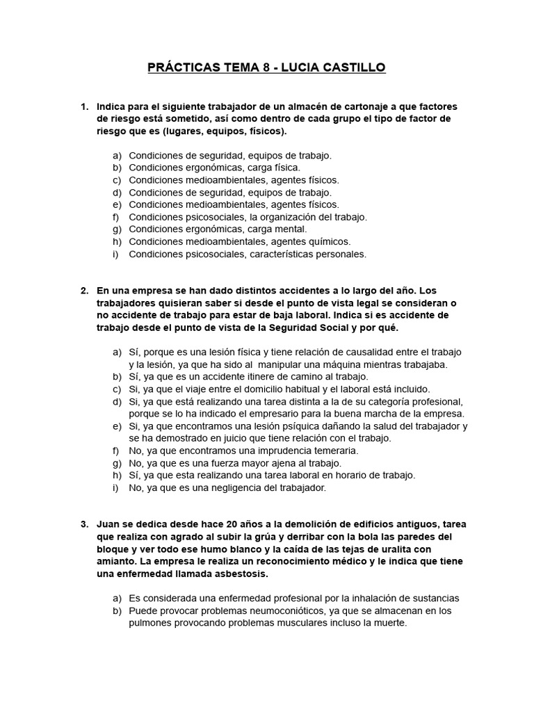Practicas Tema 8 - Lucia Castillo | PDF | Seguridad y salud ocupacional | Medicina CLINICA