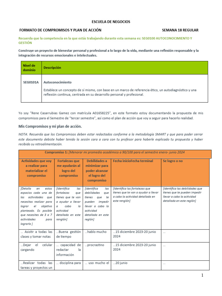Formato de Compromisos y Plan de Acción S18 Regular | PDF