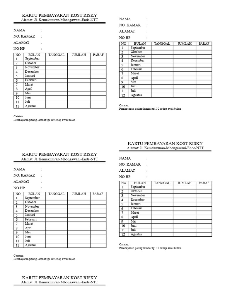 Kartu Pembayaran Kost-2 | PDF
